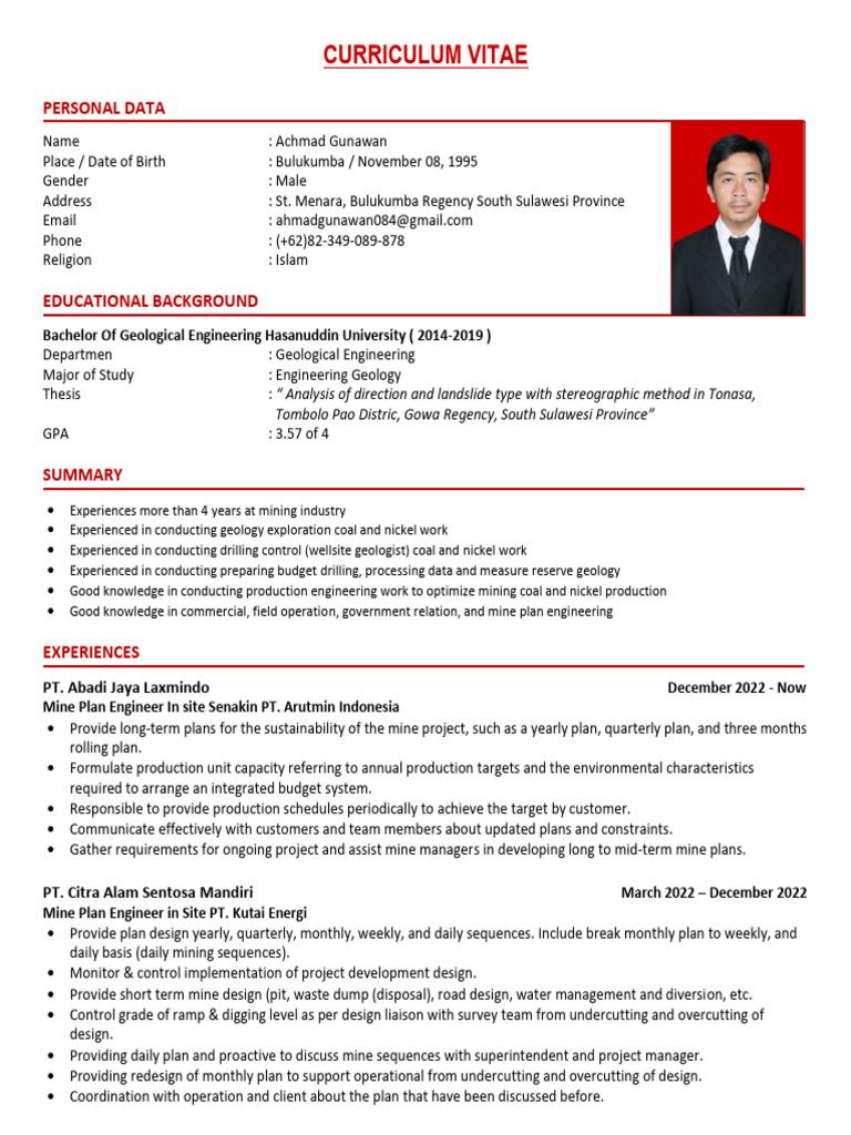 Achmad Gunawan: Geological Engineer CV | PDF | Geology | Earth Sciences