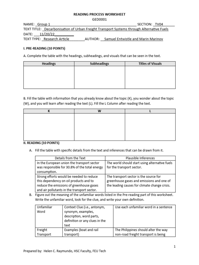 Reading Process Worksheet D3-1-1 | PDF | Climate Change Mitigation | Fuels