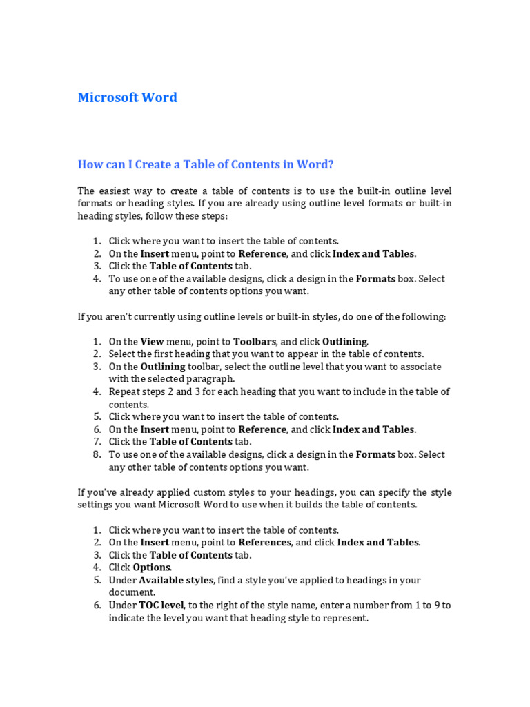 Create a Table of Contents | PDF | Microsoft Word | Software