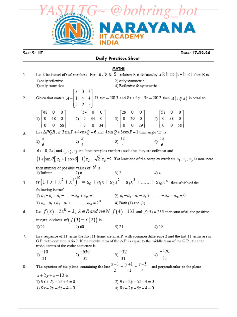 Narayana Daily Practice Sheets For JEE Mains | PDF | Refractive Index | Hydroxide