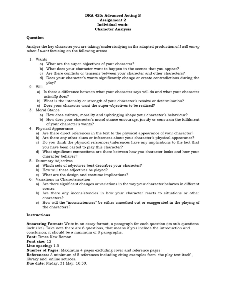 DRA 325 Assignment 2 - Individual Work - Character Analysis | PDF ...