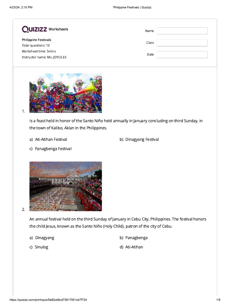 Philippine Festivals Quiz Worksheet | PDF | Festival | Entertainment Events
