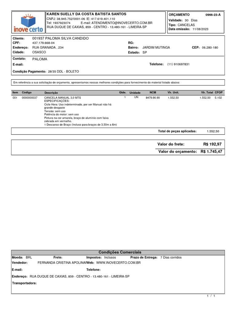 Orçamento de Cancela Manual 3m | PDF