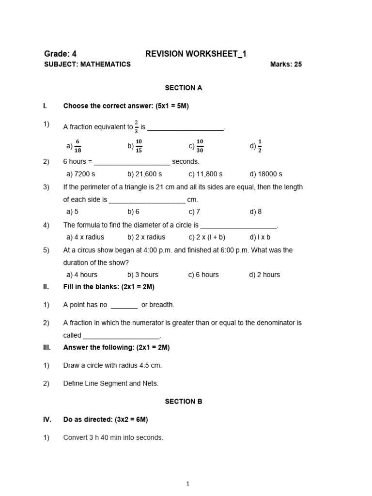 Grade 4 Math Revision WSH 1 | PDF | Circle | Euclidean Geometry