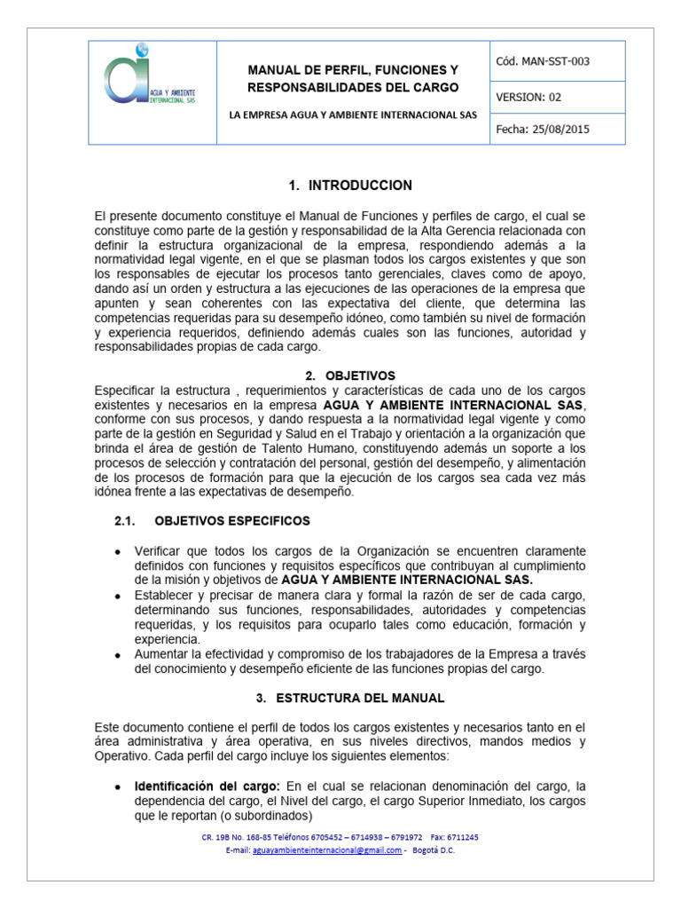 MAN-SST-003 MANUAL DE PERFIL, FUNCIONES Y RESPONSABILIDADES DEL CARGO ...