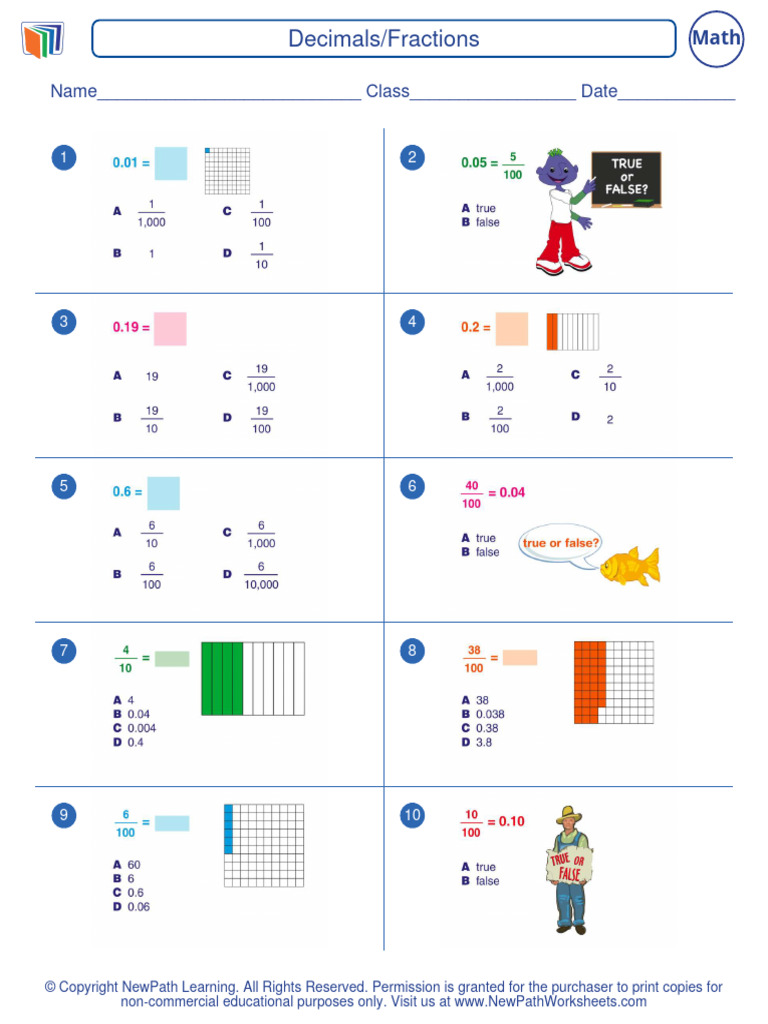 Worksheet Math Grade 4 Decimals Fractions 1 | PDF | All Rights Reserved ...