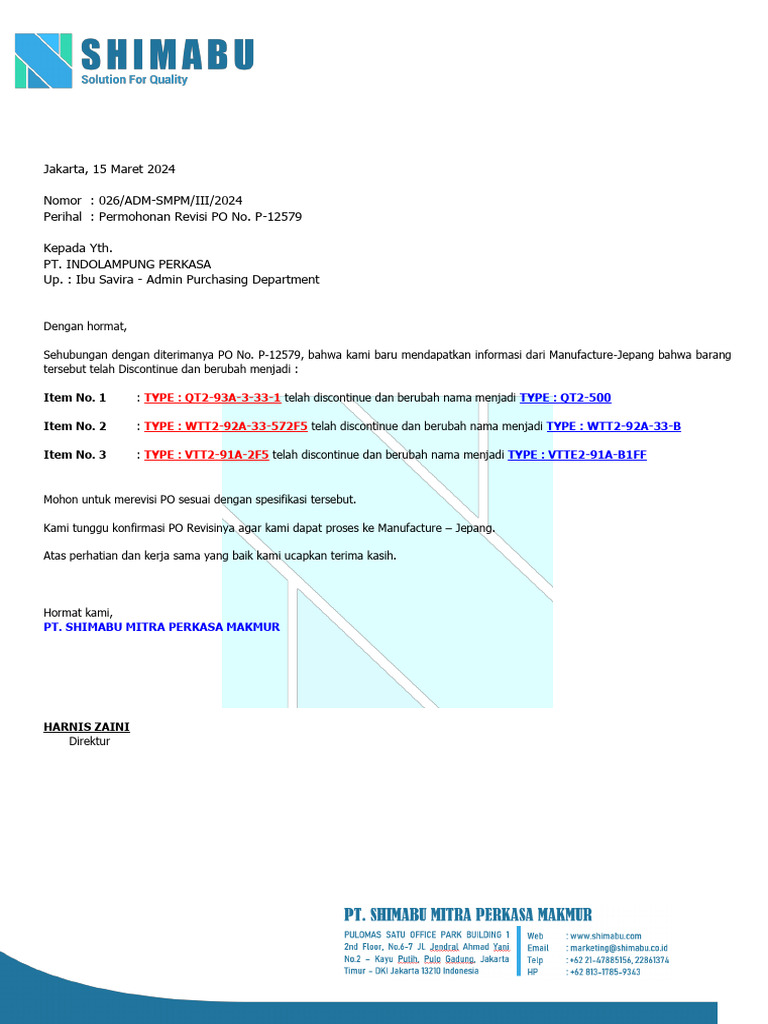 026 - Surat Permohonan Revisi PO No. P-12579 PT. INDOLAMPUNG PERKASA ...