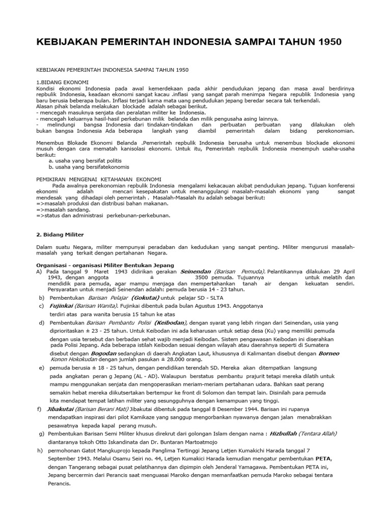 Kebijakan Pemerintah Indonesia Sampai Tahun 1950 | PDF