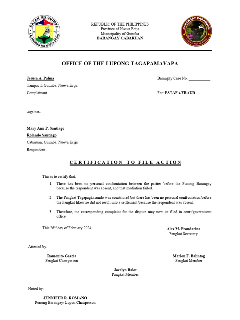 Certification to File Action - Barangay | PDF