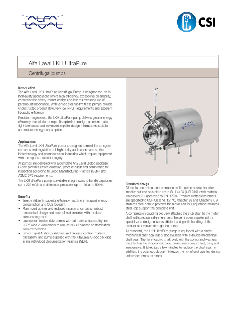Alfa Laval UltraPure Centrifugal Pump Data Sheet | PDF | Pump | Valve