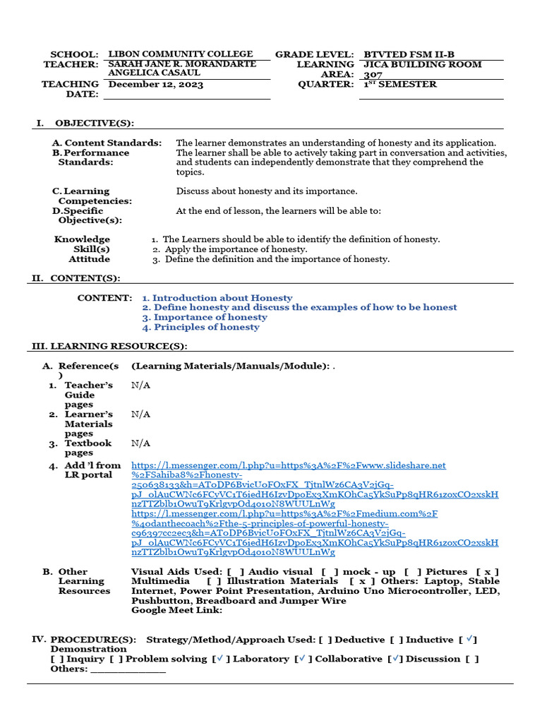 Lesson Plan in Ethics | PDF | Truth | Learning