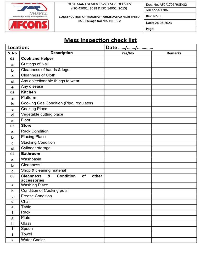 Kitchen Safety Inspection Checklist | PDF | Home & Garden | Science ...