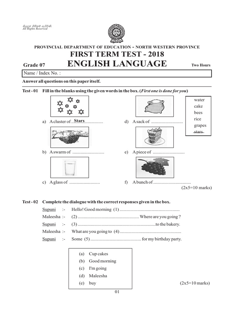 Grade 7 English 1st Term Test 2018 | PDF | Teaching Methods & Materials