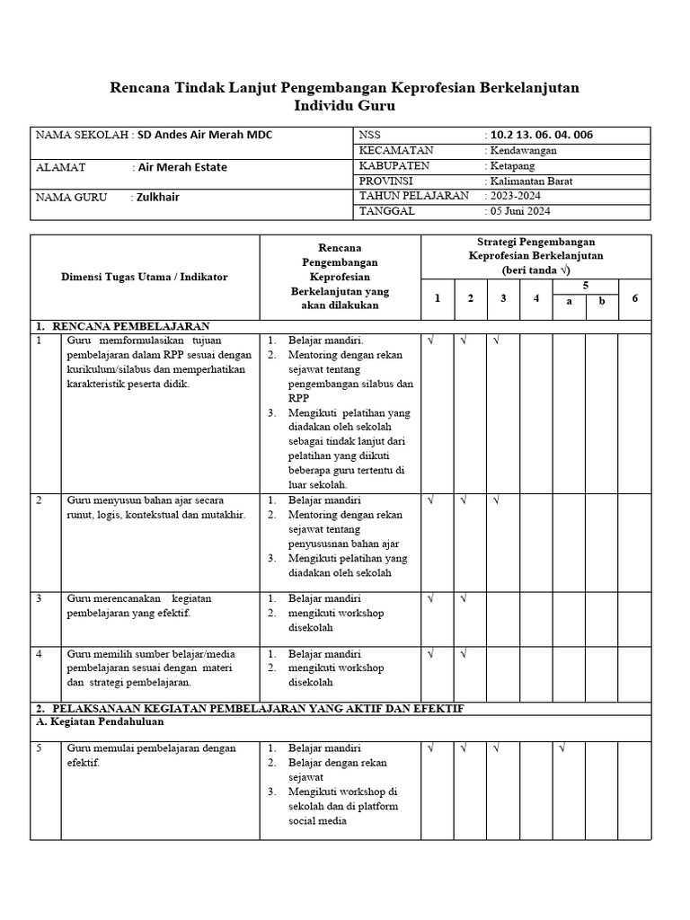 Form Rencana Tindak Lanjut Pengembangan Keprofesian Berkelanjutan ...