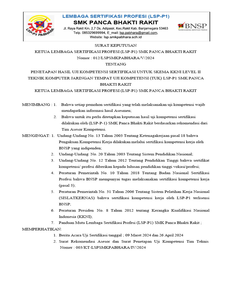 Surat Keputusan Hasil Uji Kompetensi | PDF Surat Keputusan Hasil Uji Kompetensi | PDF