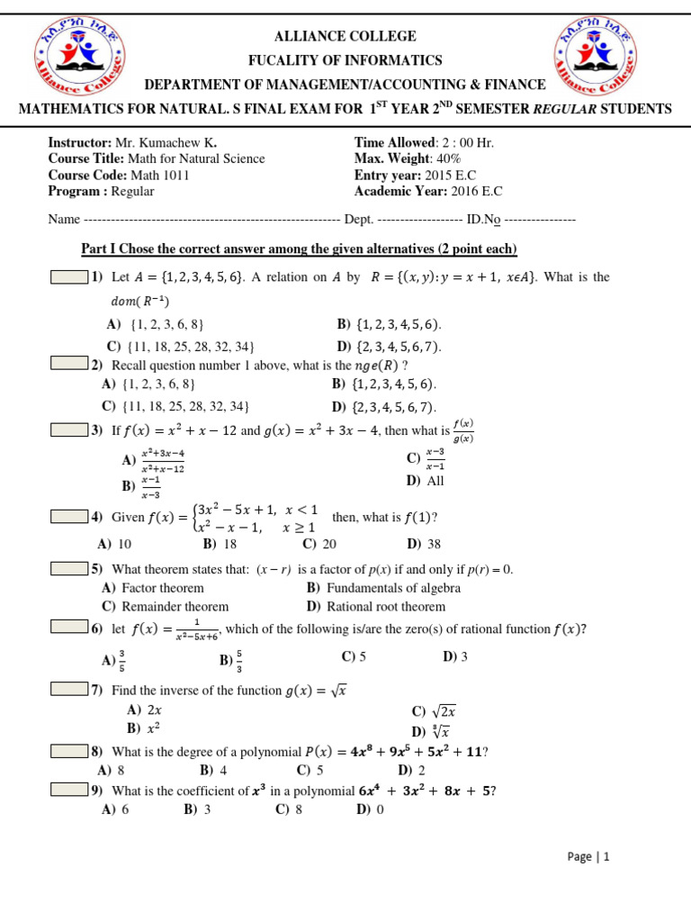 Maths For Natural Science Regular | PDF | Polynomial | Function ...