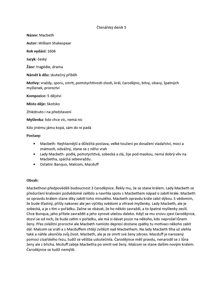 Čtenářský Deník | PDF