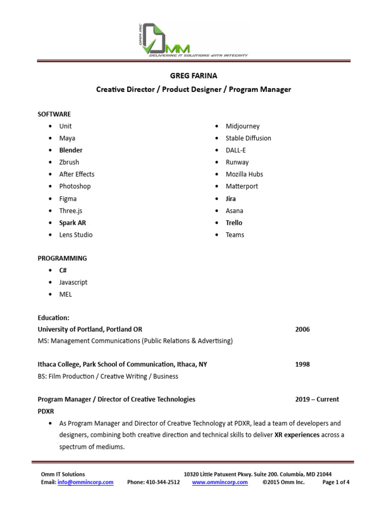 Greg Farina VIRTUAL REALITY PROGRAM MANAGER Resume | PDF | Virtual ...