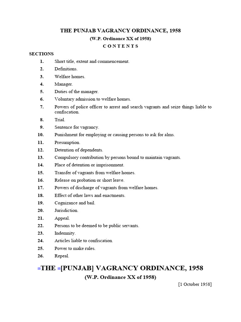 Punjab Vagrancy Ordinance 1958 Overview | PDF | Arrest | Bail
