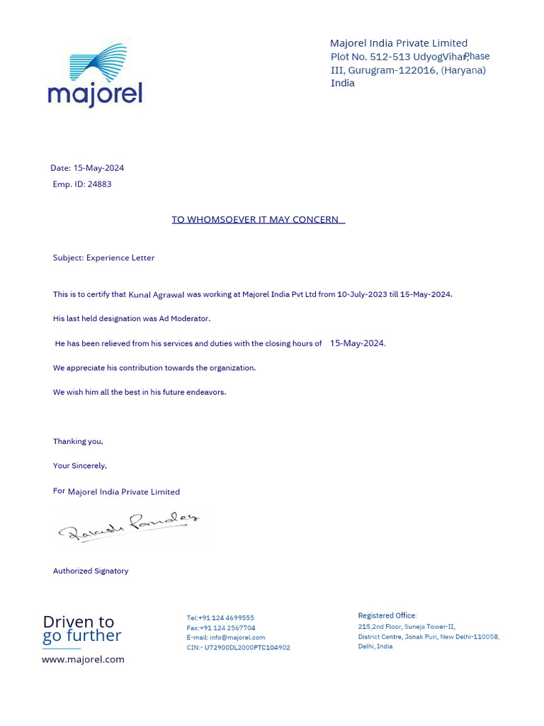 Majorel Experience Letter | PDF