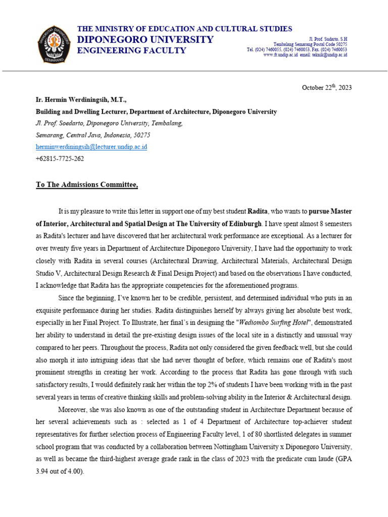 (update) Radita - Edinburgh Recommendation Letter docx copy | PDF | Cognition