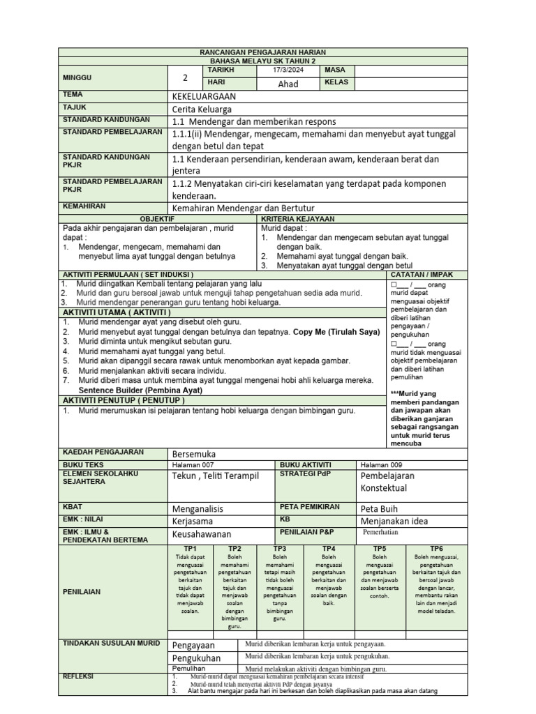 RPH Minggu 2 BM SK THN 2 2024 by Cikgu Gorgeous | PDF
