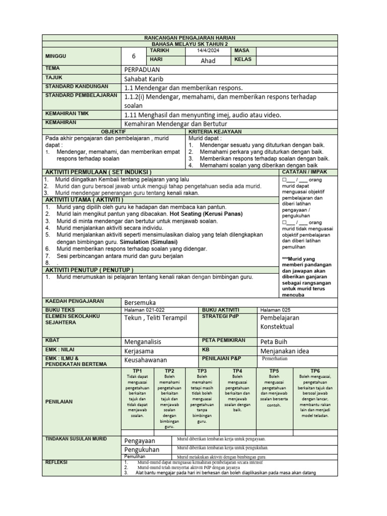 RPH Minggu 6 BM SK THN 2 2024 by Cikgu Gorgeous | PDF | Karier & Perkembangan | Seni & Disiplin ...