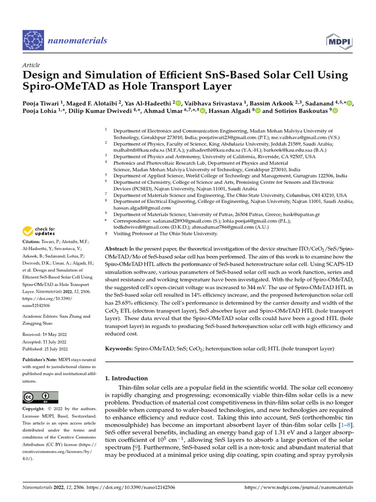 Nanomaterials 12 02506 v3 | PDF | Solar Cell | Thin Film