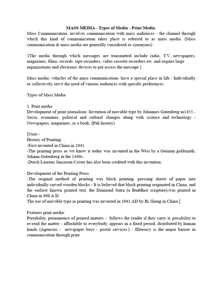MASS MEDIA - Types of Media - Print Media | PDF | Newspapers | Mass Media