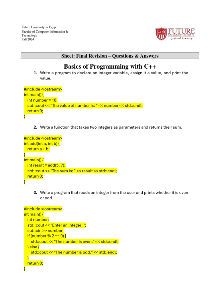 Final Revision Sheet (Questions & Answers) | Download Free PDF | Integer (Computer Science ...