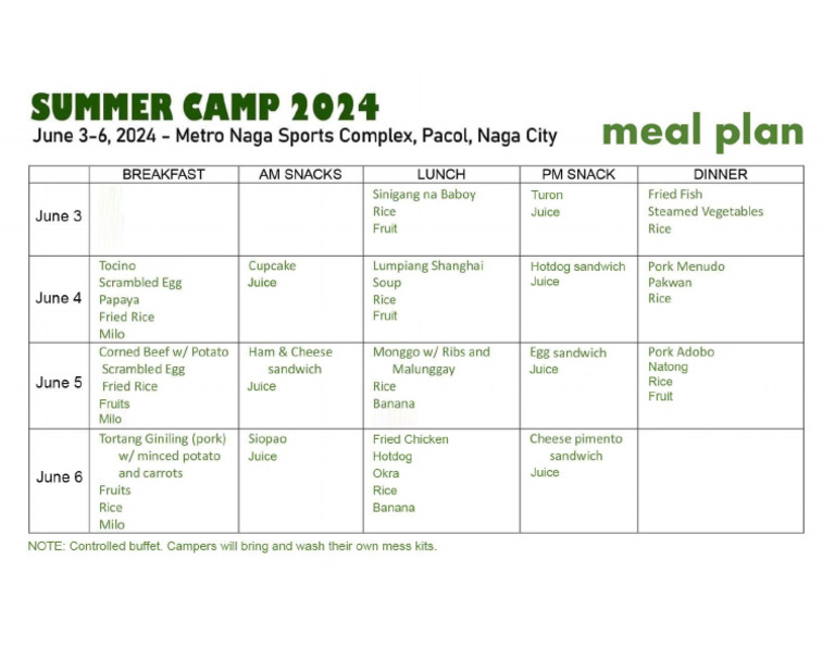Summer Camp Meal Plan | PDF