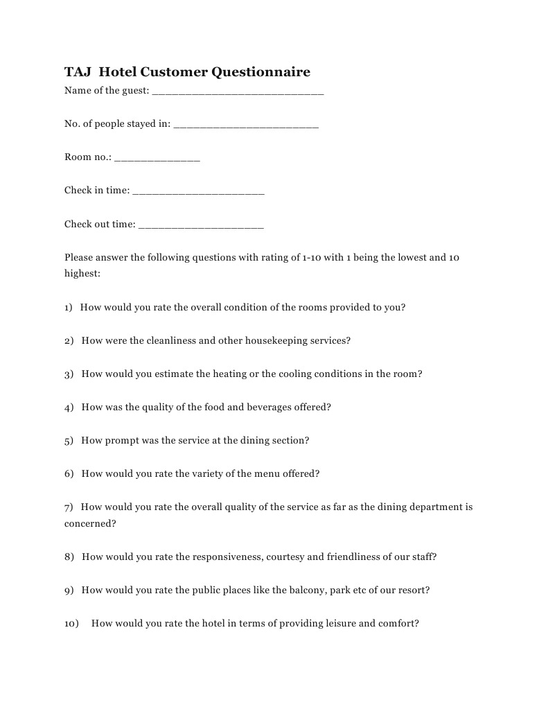 TAJ Hotel Customer Questionnaire | PDF | Career & Growth | Business
