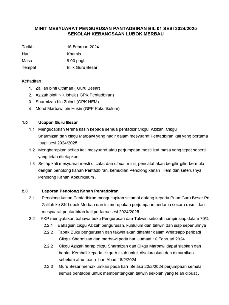 Minit Mesyuarat Pengurusan Pantadbiran Bil 01 Sesi 2024 | PDF