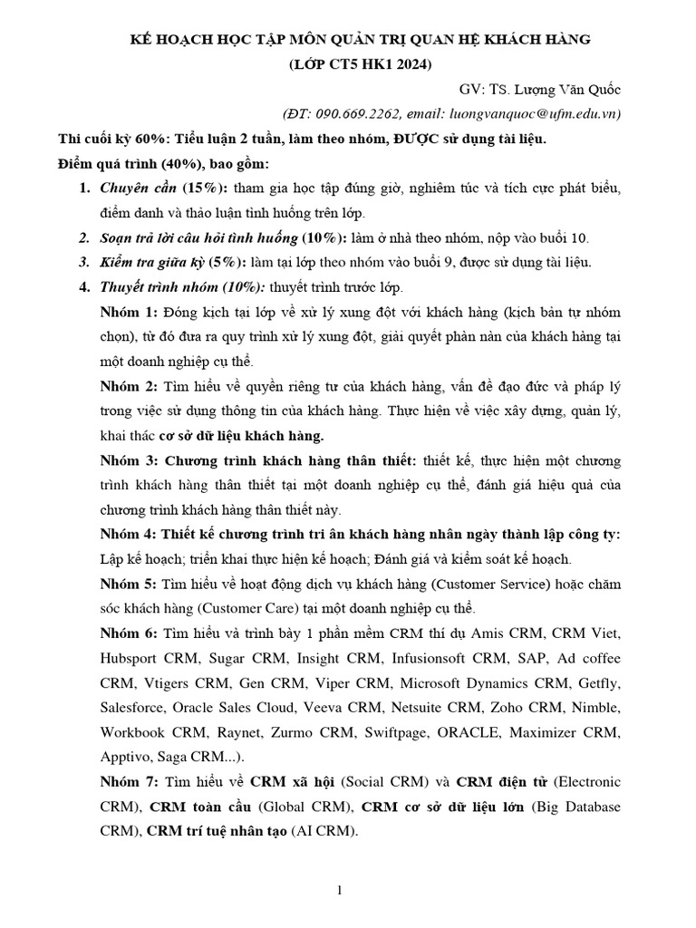Ke Hoach Hoc Tap CRM CT5 (HK1 2024) | PDF