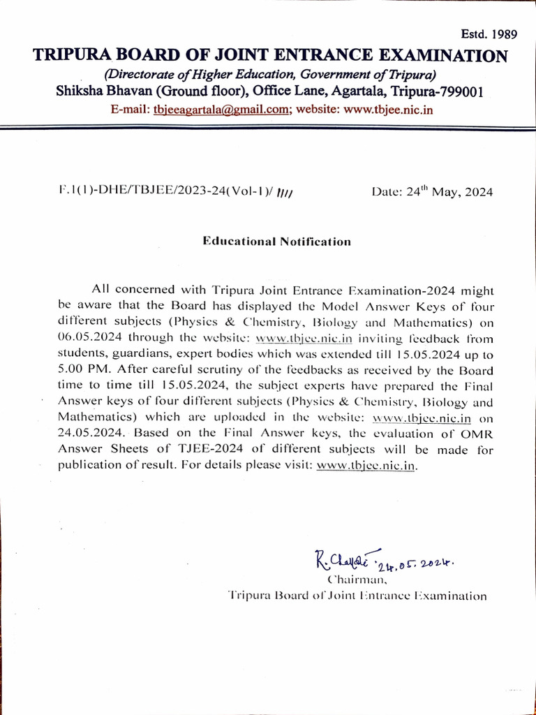Final Ans Key - TJEE - 2024-1 | PDF
