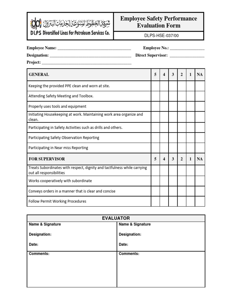 Employee Safety Performance Evaluation Form | PDF
