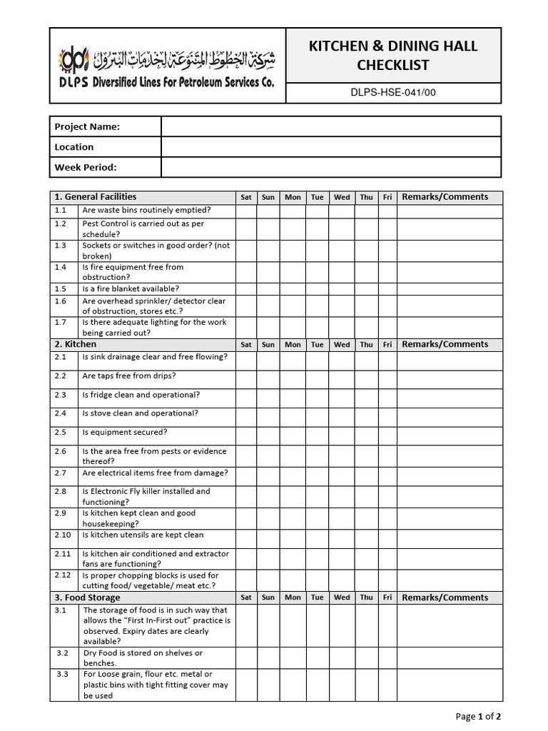 Kitchen & Dining Hall Checklist | PDF | Kitchen | Home