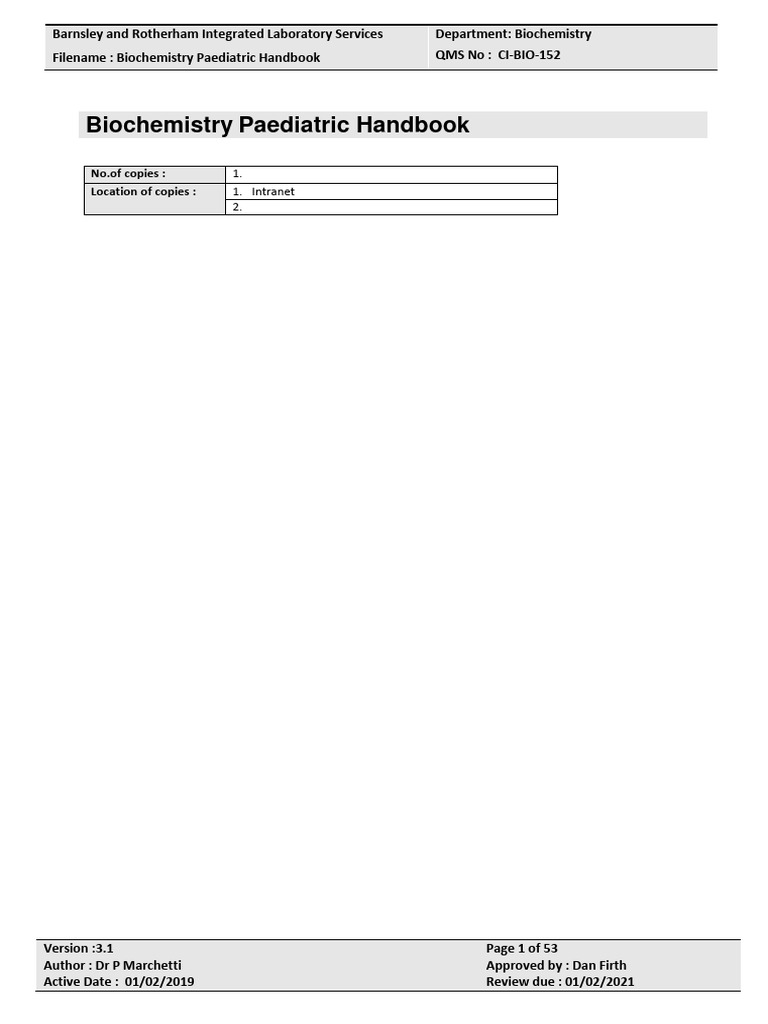 Rotherham Paediatric Biochemistry Handbook v3.1 | PDF | Blood Plasma ...