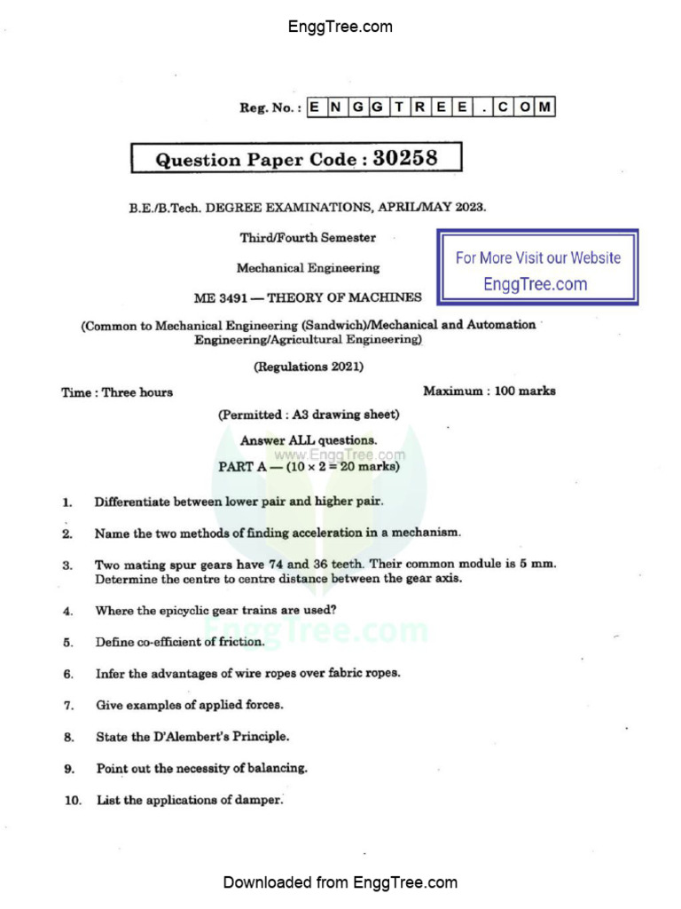 ME3491-Theory-of-Machines-Apr-May-2023-Question-Paper-Download | PDF