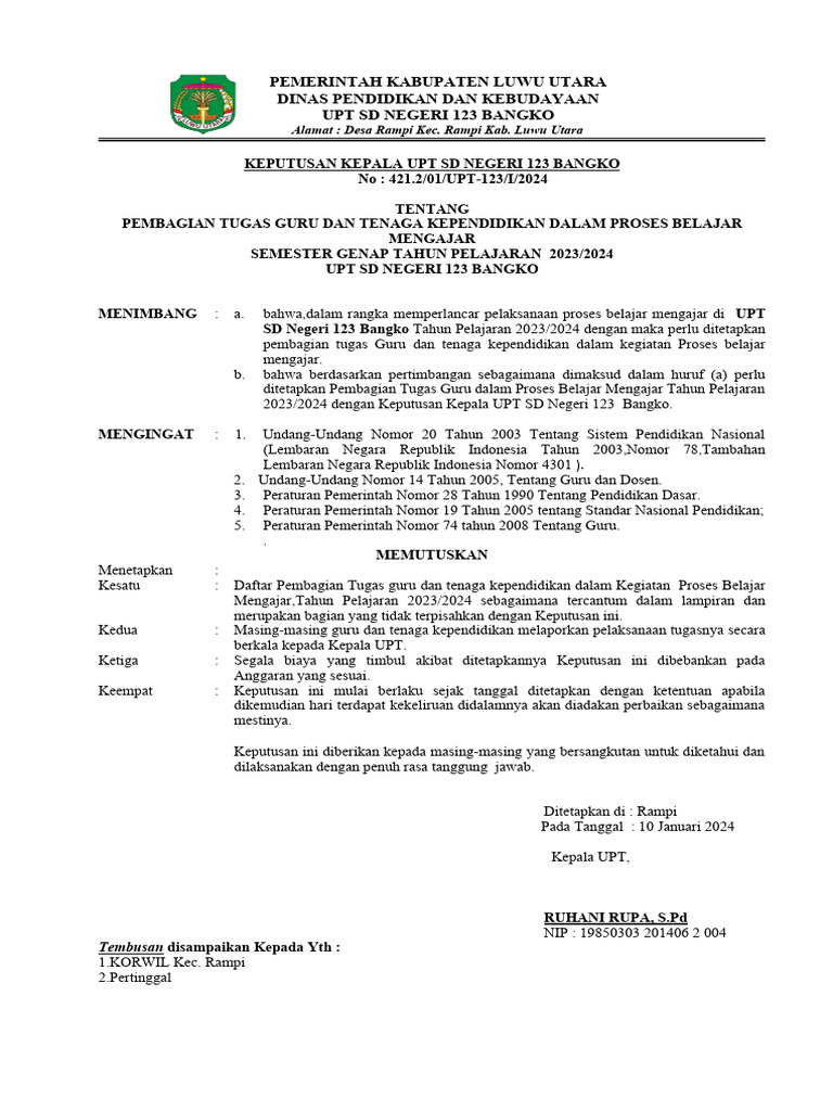 Pembagian Tugas Guru UPT SDN 123 Bangko - 2024 | PDF