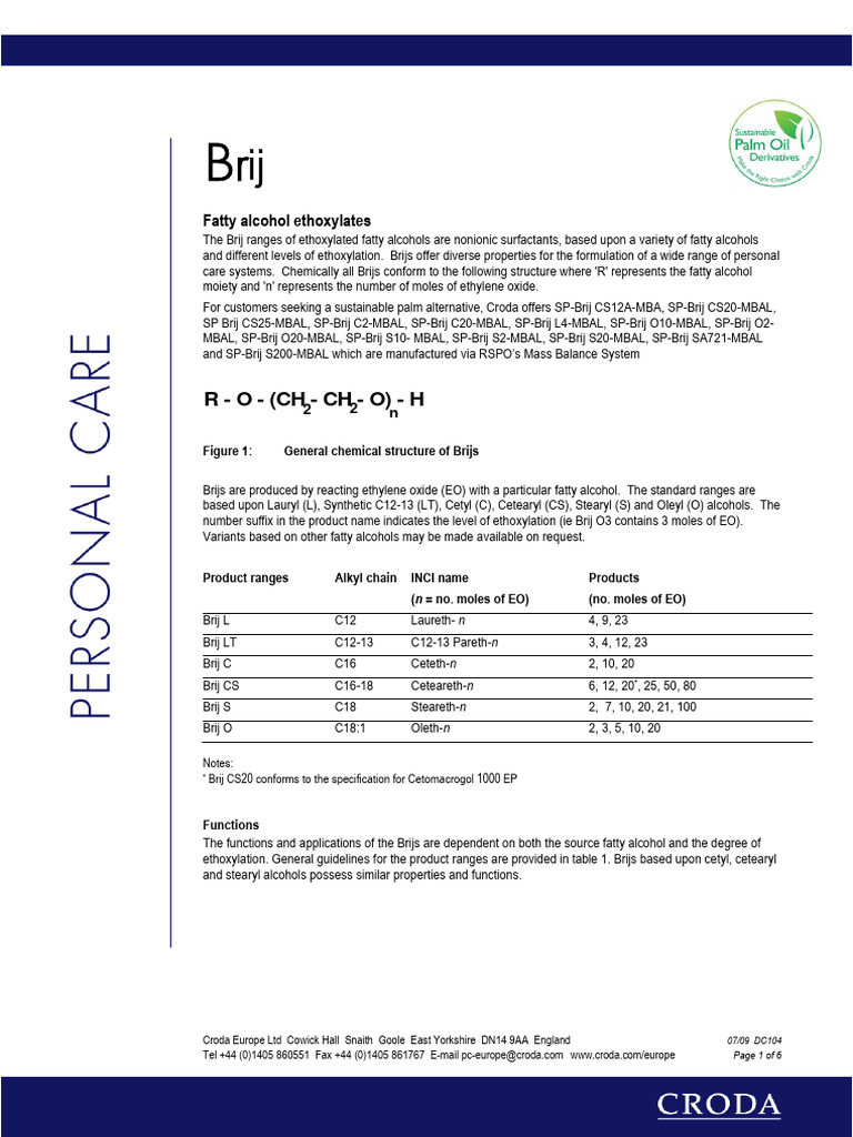 Brij Fatty Alcohol Ethoxylates Overview | PDF | Emulsion | Chemical ...