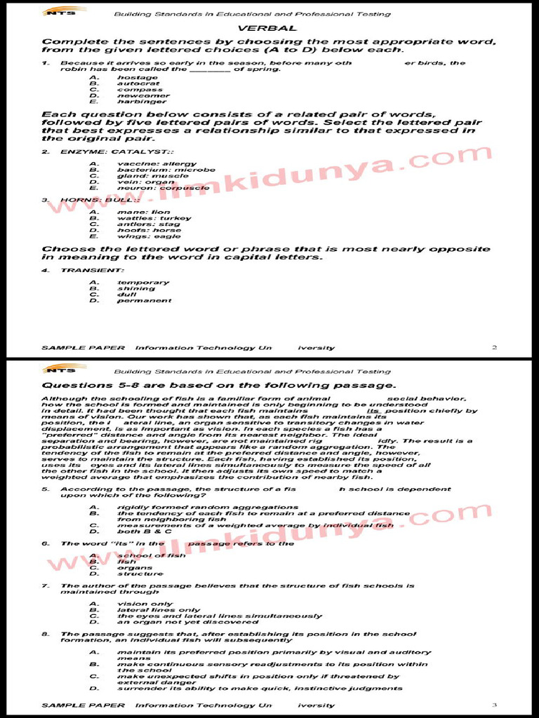 NTS Sample Past Papers Information Technology University MSCS Verbal | PDF