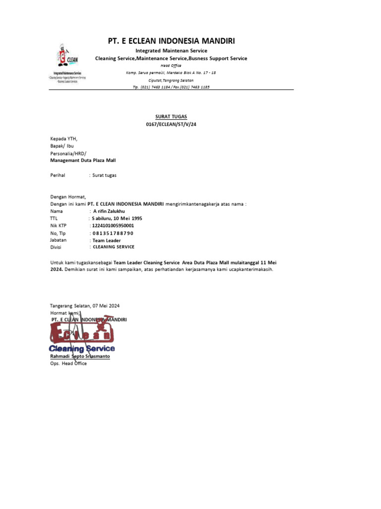 Surat Tugas Team Leader Cleaning Service | PDF | Bisnis