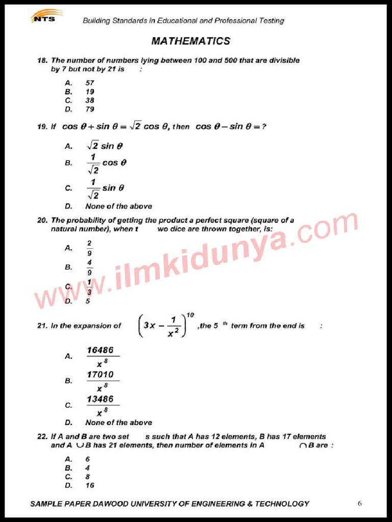 NTS Sample Past Papers DUET Karachi Pre Admission Entry Test ...