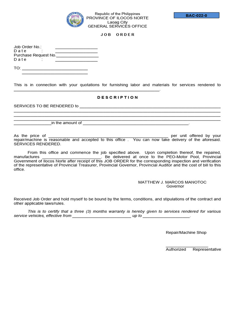 BAC 022 JOB Order Form | PDF | Private Law | Business