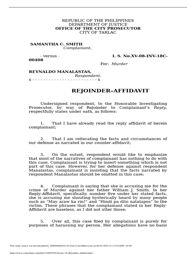Areola 3A Rejoinder Affidavit | PDF | Prosecutor | Probable Cause