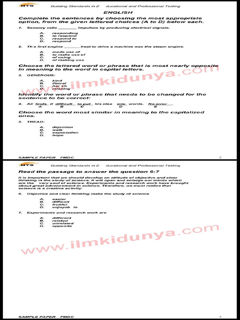 NTS Sample Past Papers FMDC MBBS Admission Test English | PDF