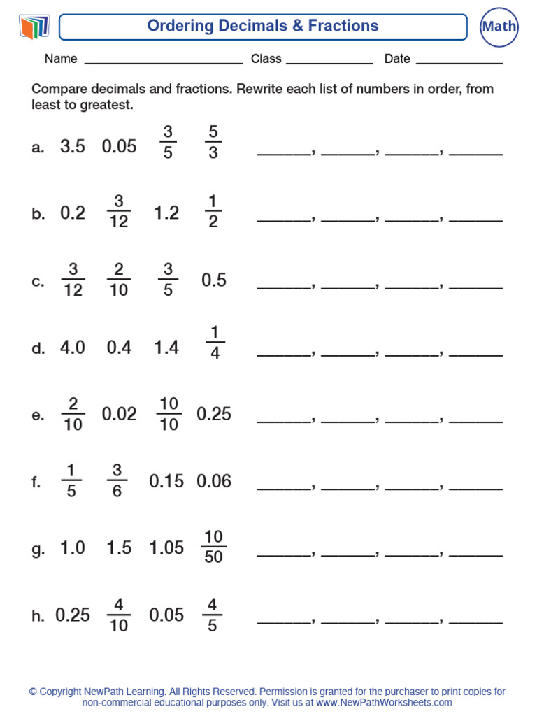 Activity Lesson Math Grade 4 Decimals Fractions Ordering Decimals ...