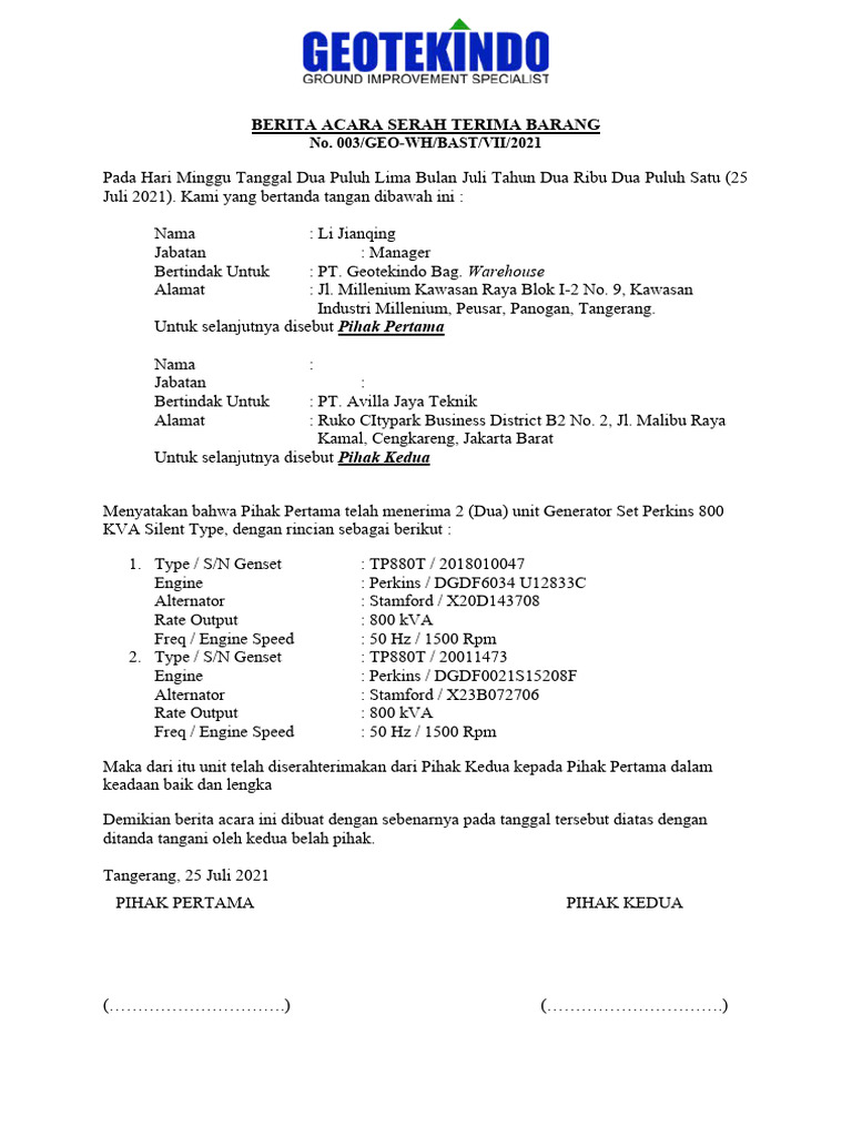 Serah Terima Generator Set PT Avilla | PDF