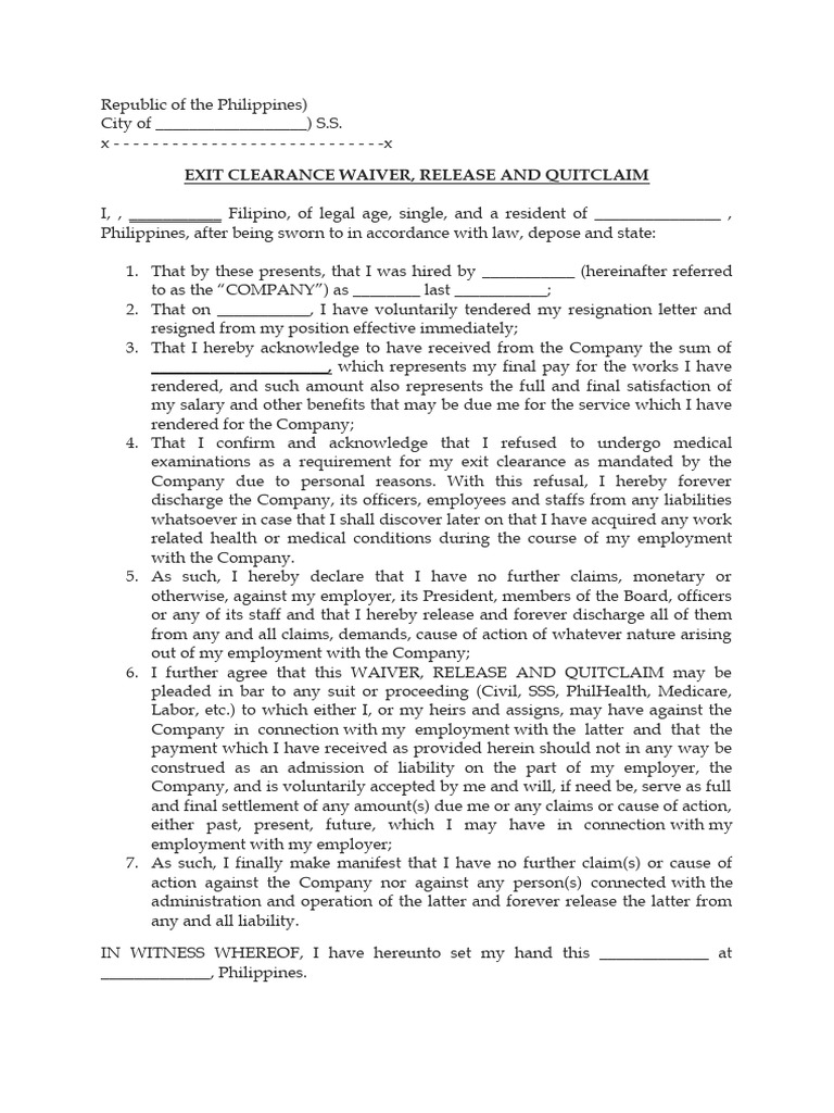 EXIT CLEARANCE WAIVER | PDF | Labor | Justice